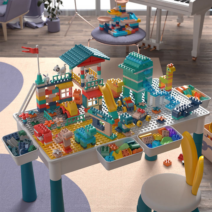 Building Blocks Table with Chair and Storage Best Gift for Kids Activity Table Set Large Blocks ...