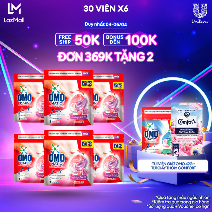 Combo 6 túi viên giặt tiện lợi OMO 3 trong 1 Hương tinh tế (30 viên/túi) | Lazada.vn