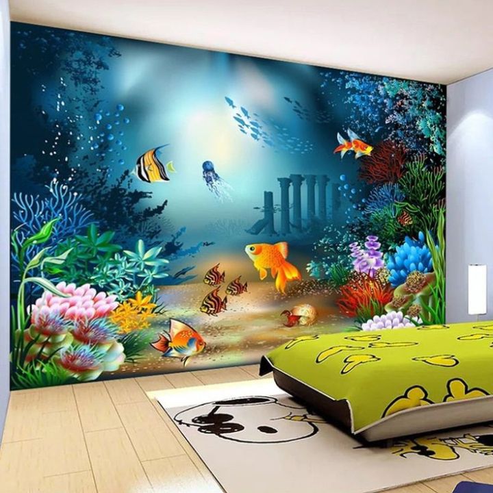 Wallpaper dinding ikan 3D - Wallpaper bawah laut 3D - Wallpaper dinding ...