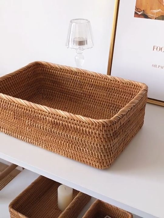 Rattan Woven Rectangular Basket Fruit Tray Storage Box Home Storage ...