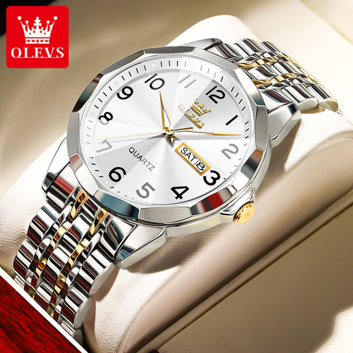 OLEVS 2024นาฬิกานาฬิกาสำหรับผู้ชายแท้กันน้ำได้,นาฬิกาควอตซ์สแตนเลสสตีลของขวัญสำหรับแฟนกันน้ำ ...