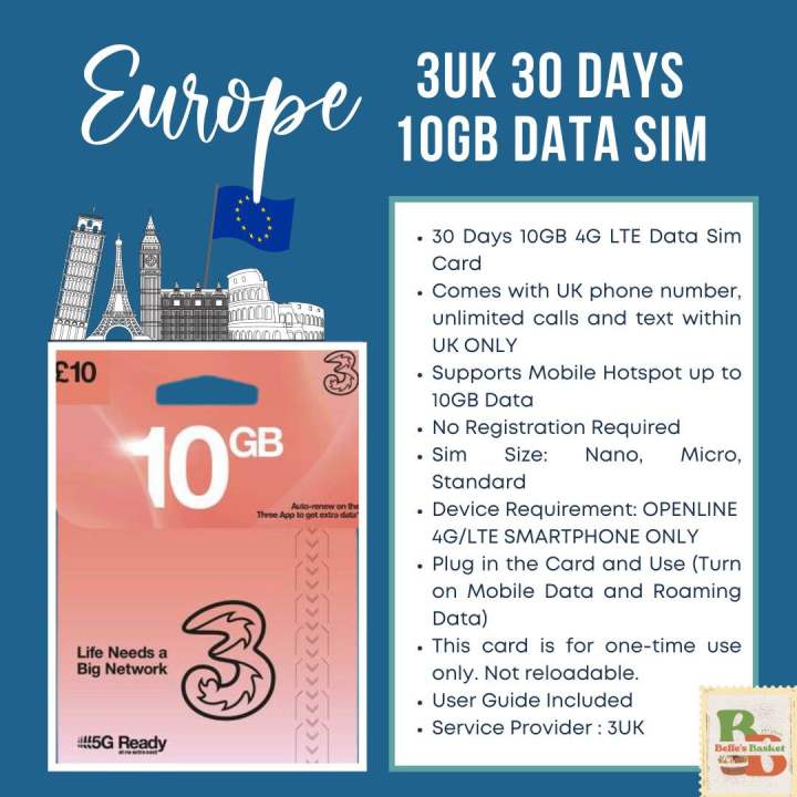EUROPE 3UK 30 DAYS 10GB Travel Data Sim (70 countries) | Lazada PH
