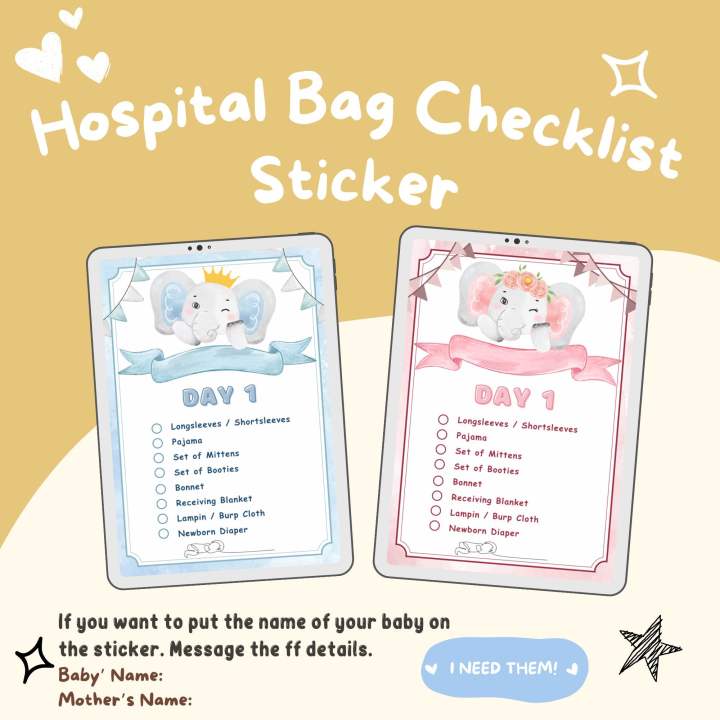 Hospita Bag Sticker Checklist for ziplock 8pcs | Hospital Bag checklist ...