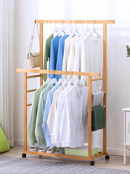 Wooden Double Pole Coat Rack With Wheels &Trouser rack Bamboo Clothes ...