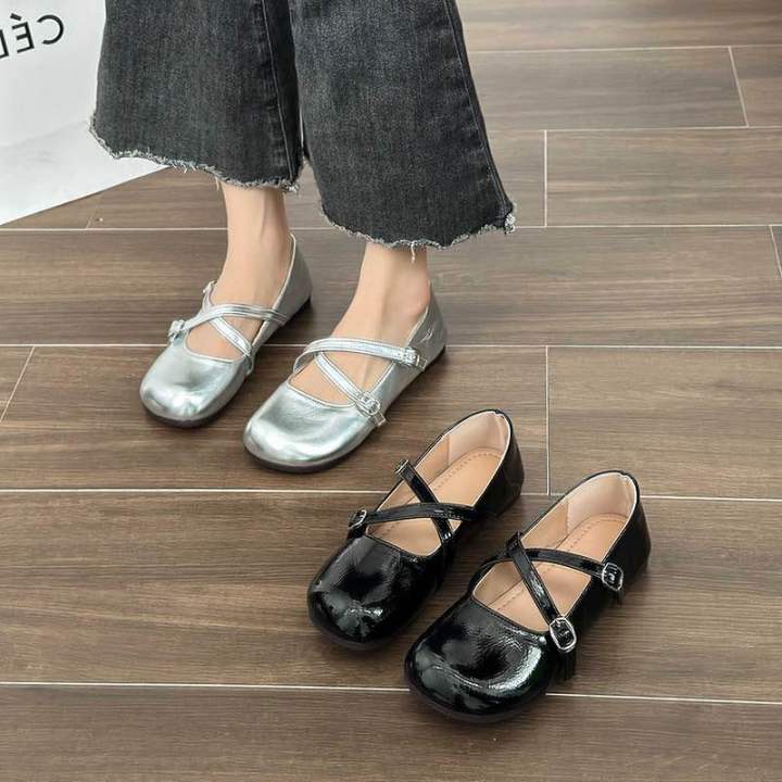 AS075 รองเท้าแมรี่เจนส้นเตี้ย สายคาดคู่ ทรงมน ใส่สบาย | Lazada.co.th