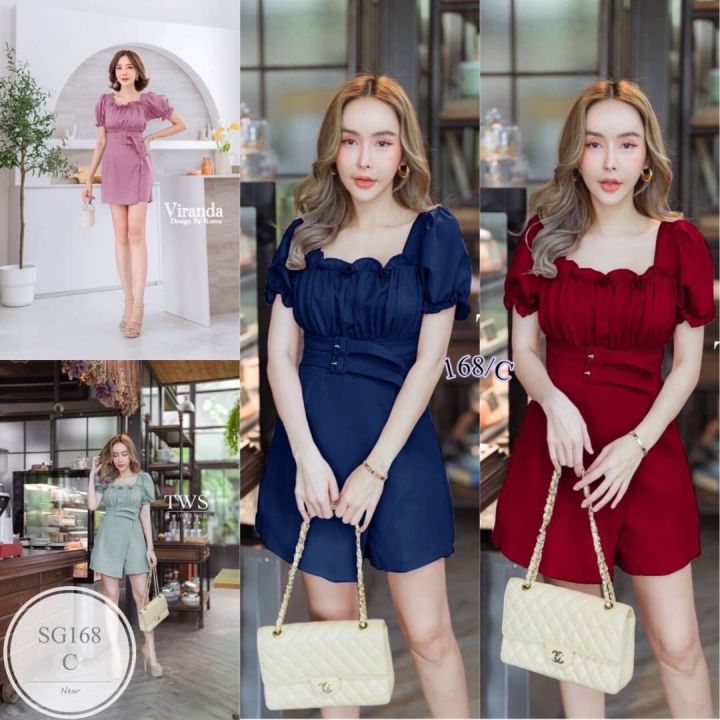 SS168 Jumpsuit จั้มสูทขาสั้นกางเกงกระโปรง ทรงแขนพอง อกแต่งจับจีบ พร้อมเข็มขัดคาดเอว 2 ชั้น ...