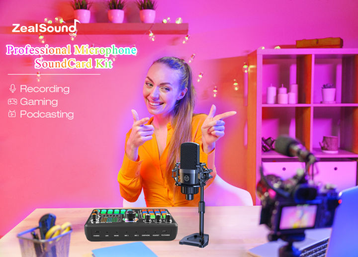 Zealsound ชุดการ์ดไมโครโฟนของพ็อดคาสท์ระดับมืออาชีพสำหรับพีซีแล็ปท็อปสมาร์ทโฟนคอมพิวเตอร์ Vlog ...