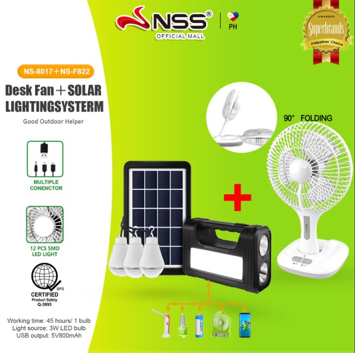 NSS Chargeable fan solar electric fan with LED emergency light Desk fan ...