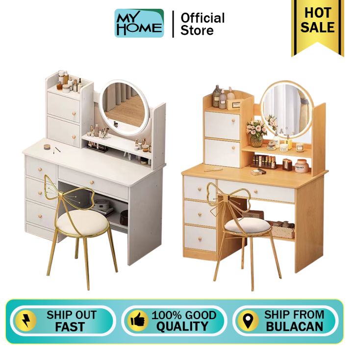 MYHOME White Dressing Table with LED Wooden Makeup Dresser Table Multi ...
