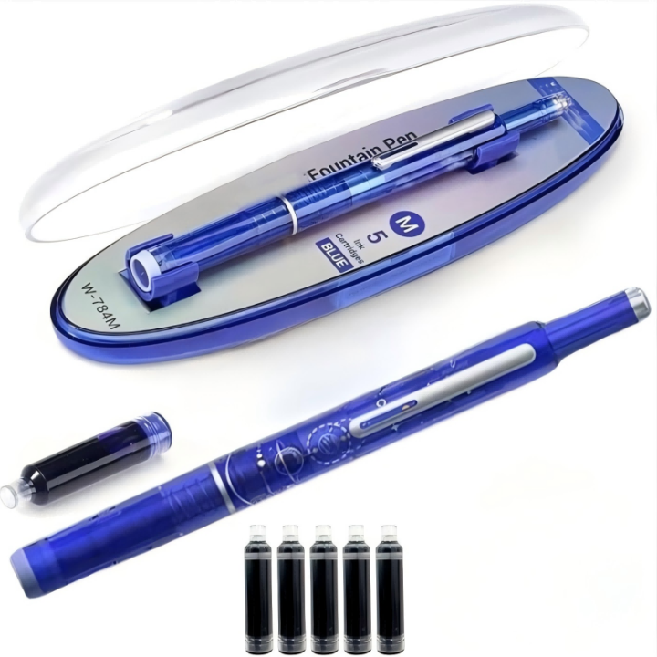 Push action fountain pen for students with 5 refillable ink cartridges ...