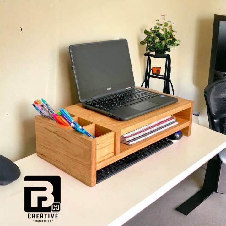Stand Monitor Meja Laptop Kombinasi Rak Buku Kayu dan Tempat Pensil ...