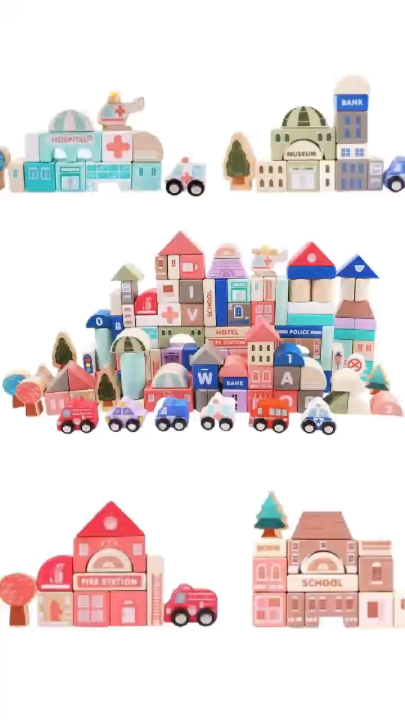 Hntob 115pcs Wooden Building Blocks Set City Construction Stacking ...