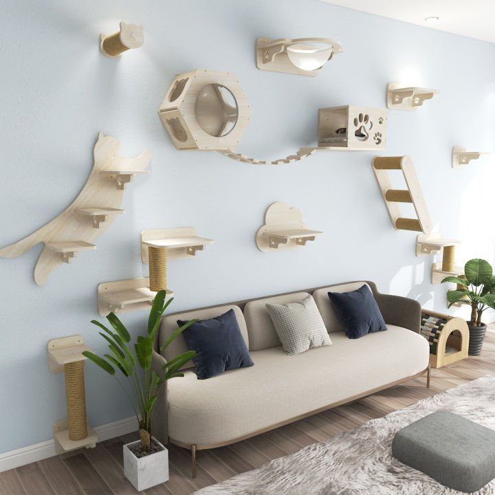 Wall-Mounted Cat Climbing Frame Solid Wood Wall-Hanging Cat Wall ...