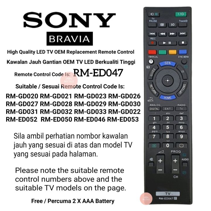 High Quality Sony Flat Panel LED TV RM-ED047 Replacement Remote Control | Lazada