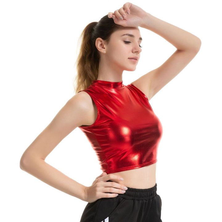 Women's Crew Neck Sleeveless Party Clubwear Holographic Shiny Metallic ...