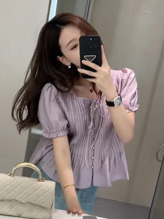 Elegantสไตล์ฝรั่งเศสผู้หญิงเสื้อแขนสั้นNeatปุ่มคอXin Er Muยี่ห้อใหม่ฤดู ...