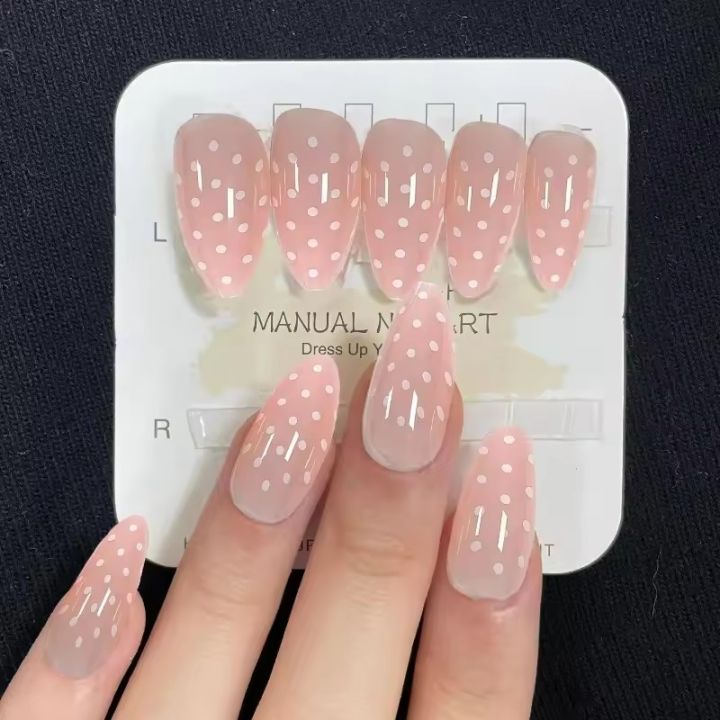 24Pcs/Box French Style Press On Nail with Jelly Glue Pink White Polka ...
