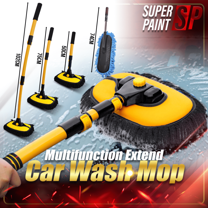 Adjustable Microfiber Chenille Car Wash Mop Three-Section Long Handle Elastic Rotation Multi ...