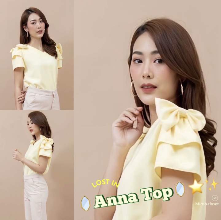 🍈 Anna Top 🫙เสื้อคอวี แขนบัวสองชั้น แต่งโบว์ 2 ข้าง ดูแพงมากก ใส่ทำงาน ...