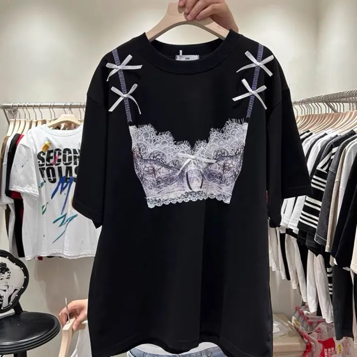 🎀พร้อมส่ง🎀เสื้อยืดแฟชั่น ผ้าคอตตอนอย่างดี แต่งลูกไม้โบว์ฉ่ำๆ | Lazada.co.th