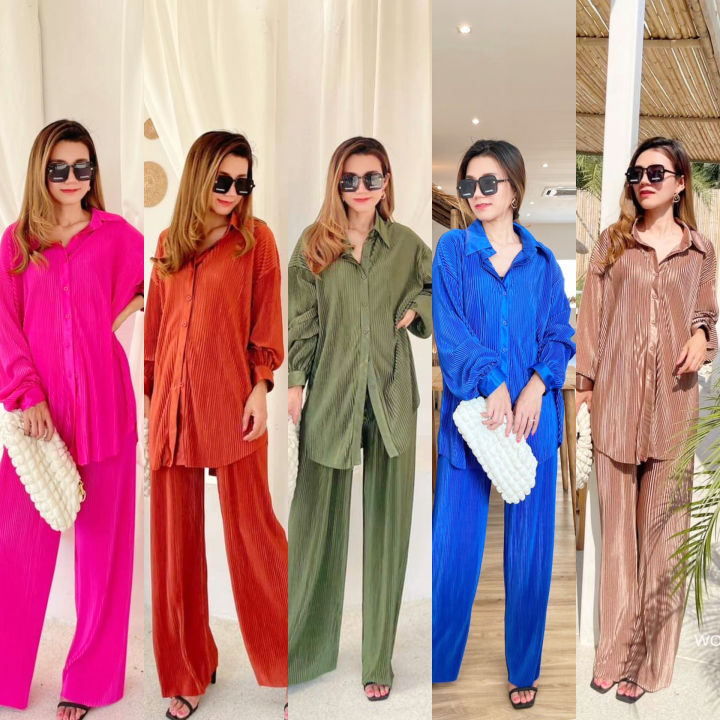 Pleat set ชุดเซ็ต 2 ชิ้น เสื้อ+กางเกง เซทอัดพลีทสีสด ใส่สบาย | Lazada.co.th