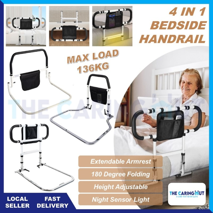 🏅Bedside Armrest Grab Bar Safety Handrail Bed Guard Storage Pouch ...