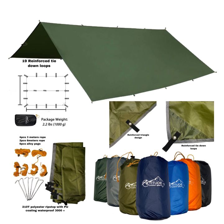 Altitude waterproof camping tarp 3x3 with 19 tie down loop holes 210T ...
