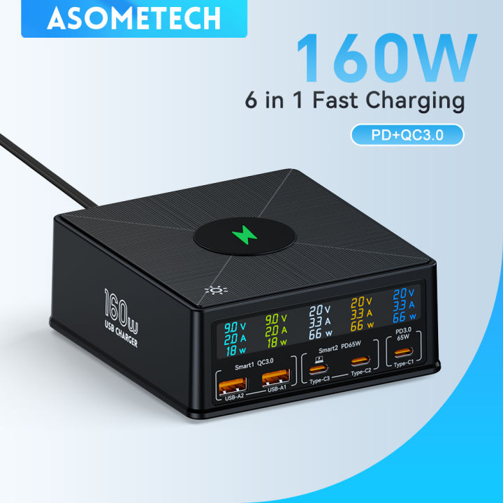 160W 5 Port USB Charger Staion with 15W Wireless Charging Fast Charger USB-C PD 65W Quick ...