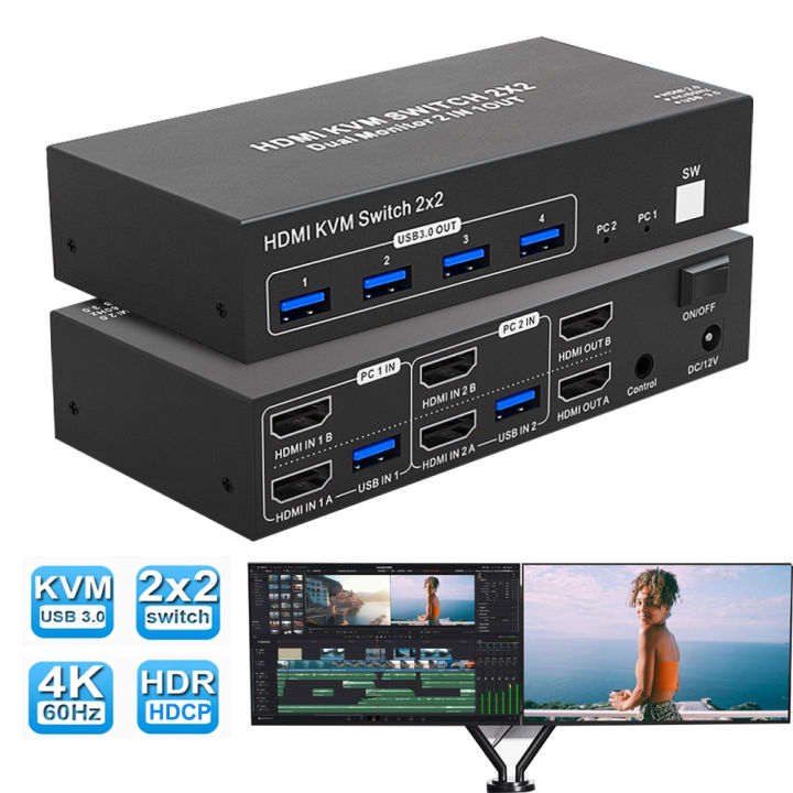 2X2 KVM Switch Dual Monitor 4k 60Hz HDMI 2.0 KVM Switch Extended ...