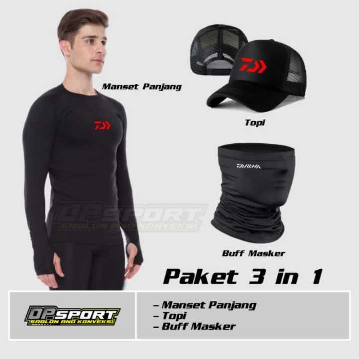 Paket hemat 3 in 1 mancing jersey lengan panjang topi trucker dan buff ...