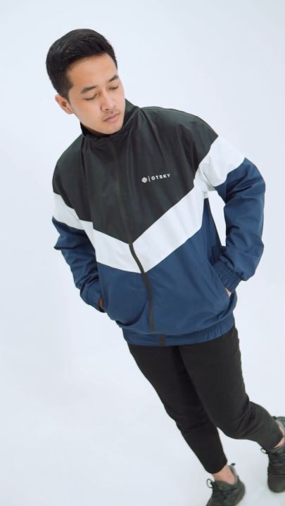 Otsky Jaket Track Suit Black Navy & Cream Parasut Pria | Lazada Indonesia