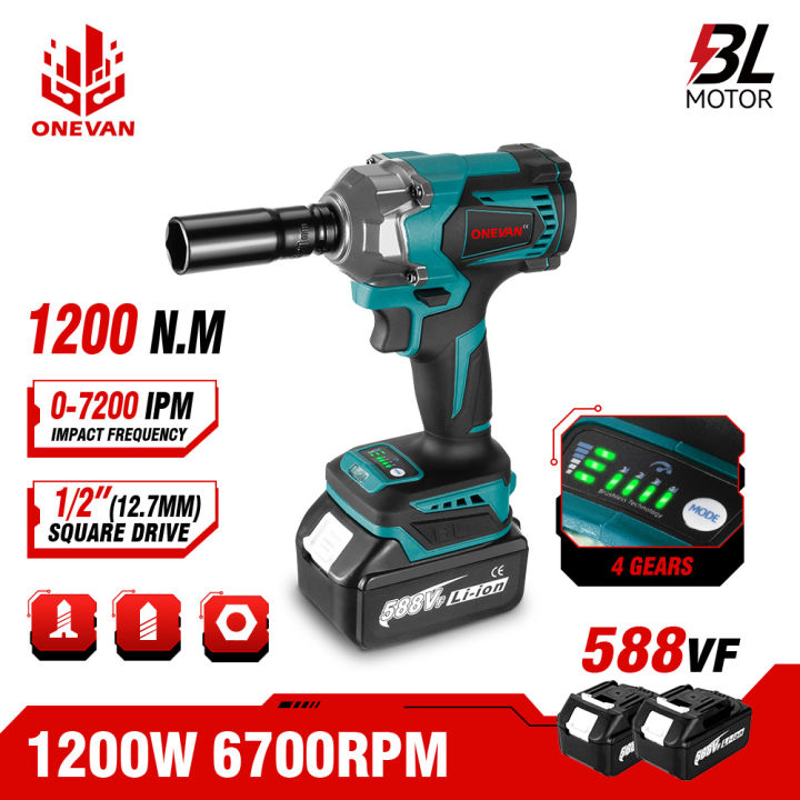ONEVAN 1/2 Inch 1200N.M Torque Brushless Electric Impact Wrench 8-Gears ...