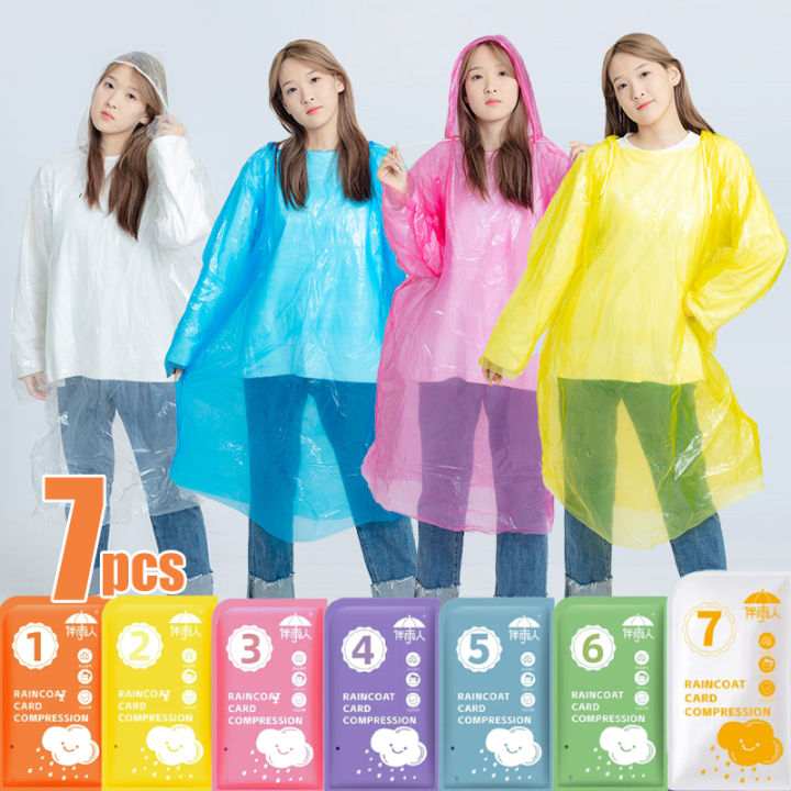 7pcs Portable Disposable Transparent Hooded Raincoat PE Thickened ...