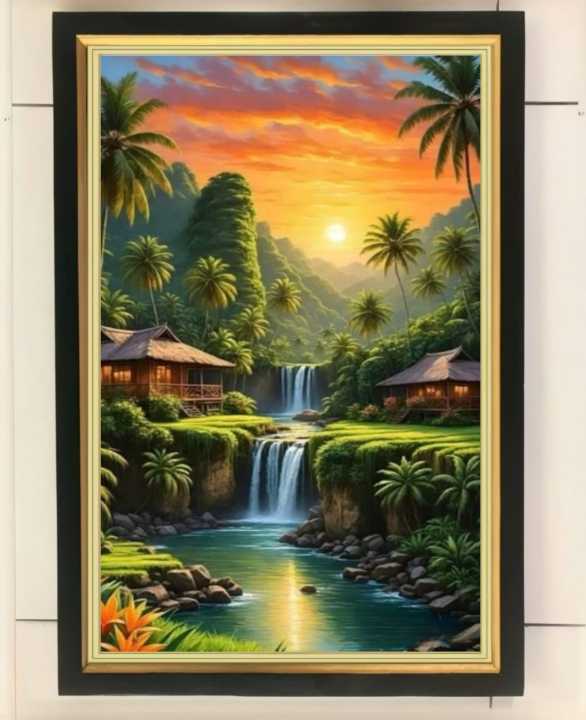 lukisan cetak digital printing pemandangan sunrise alam desa bukit ...