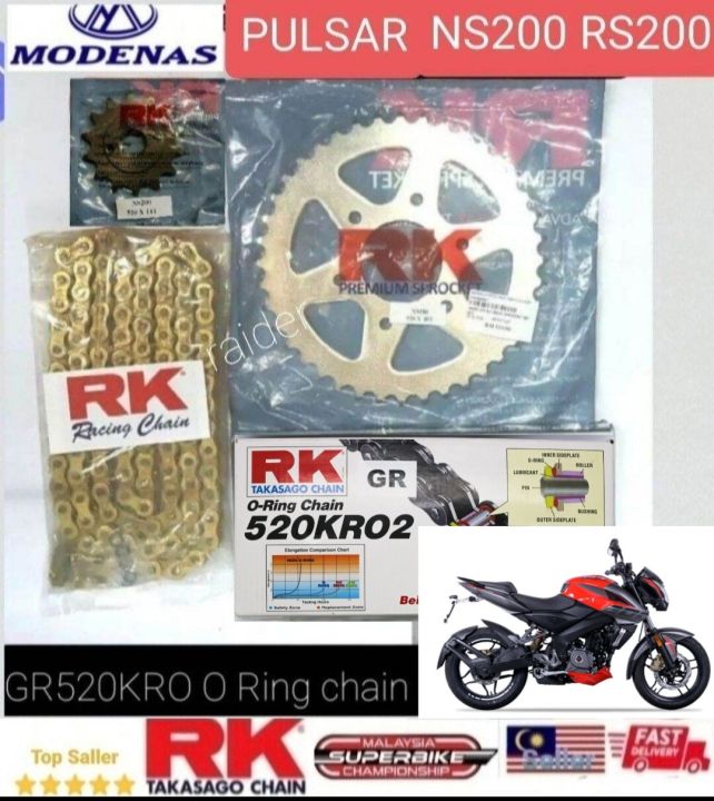 Modenas Pulsar NS200 RS200 Sprocket & Chain Kit [GR520KRO O Ring Gold ...