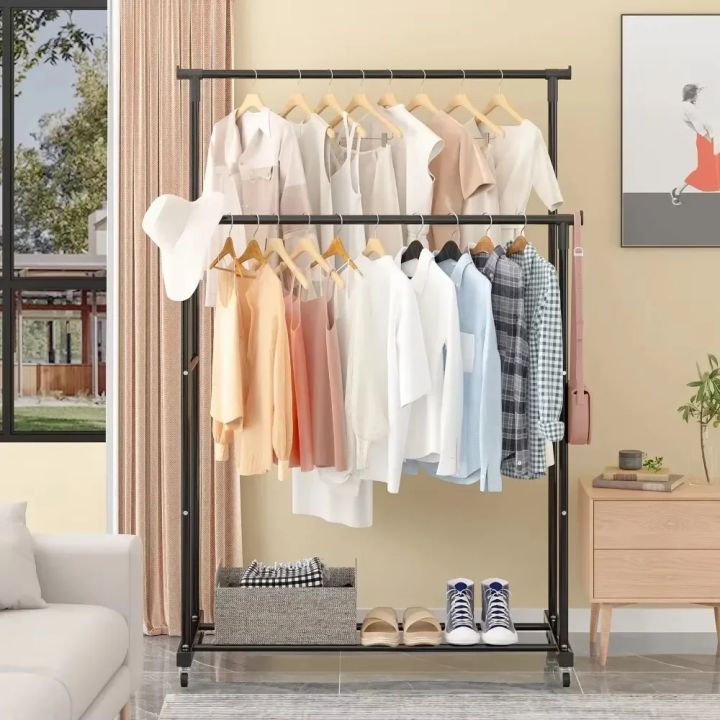 Double Rod Clothes Rack Floor Movable Bedroom Coat Shelf Modern ...