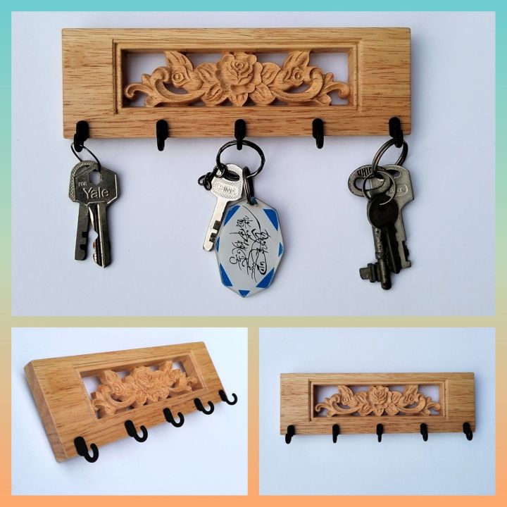 Carved Style Wooden Hook key Hanger Wall Hanging Rack Decorative Rak ...