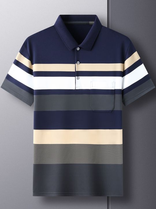 Summer Fashion Polo Shirt for Middle-Aged Men Short Sleeve Striped T ...