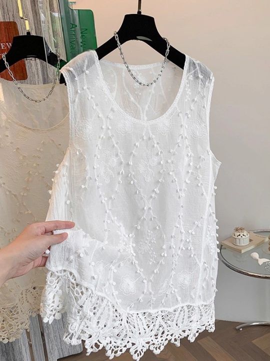 AIYITI | Lace Embroidered White Vest Strap Summer Thin Loose Sleeveless ...