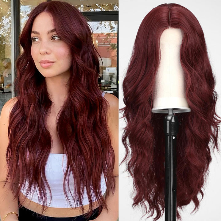 Red wine color synthetic wig with long curly hair, full head of wig ...