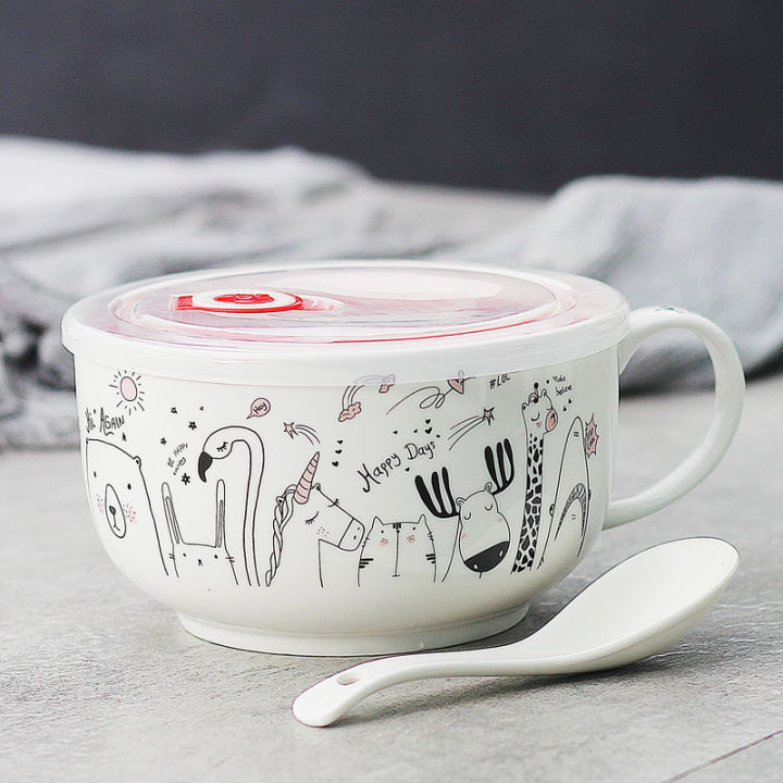 Microwave Safe Ceramic Noodle Bowl with Lid And Handle Cartoon ...