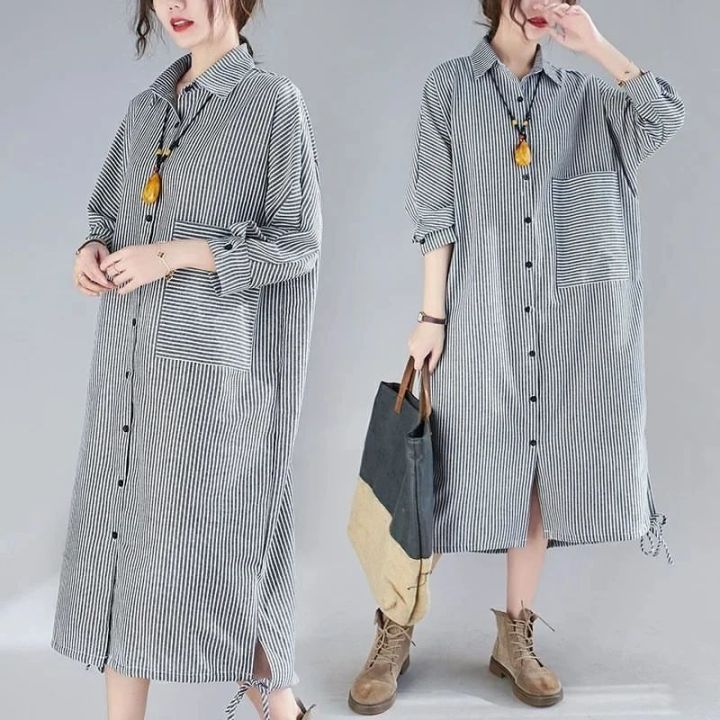 Midi dress salur hitam model long tunik 7/8 Tunik kerah kemeja full ...