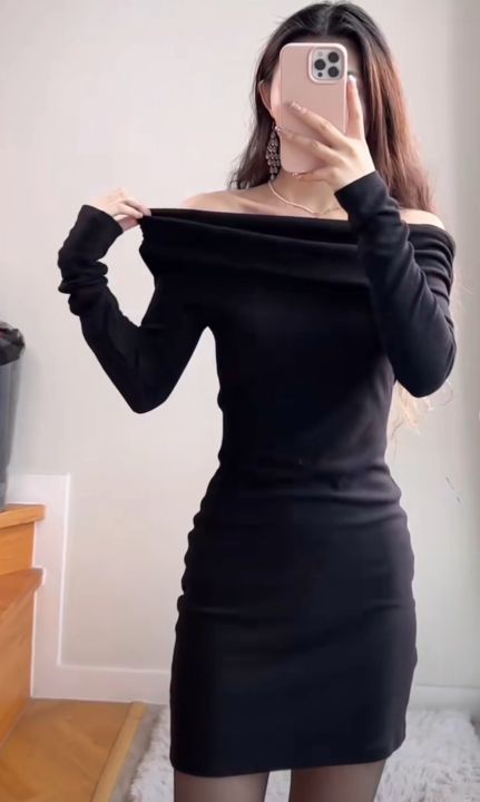 vivi.an เดรสแขนยาวปาดไหล่กำลังมาแรง สไตล์เกาลี พร้อมส่งในไทย มีสองสี ...