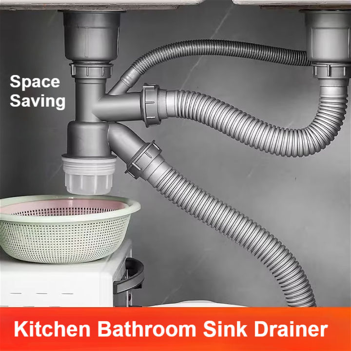 Kitchen Sink Double Basin Drainer Sink Drain Pipe Set Drainer Kitchen ...