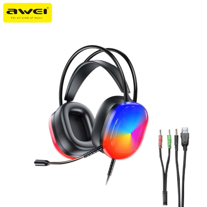 Awei GM-11 Wired Gaming Headphone Headset 3.5mm Jack Surround Sound RGB Light Noise Cancelling ...