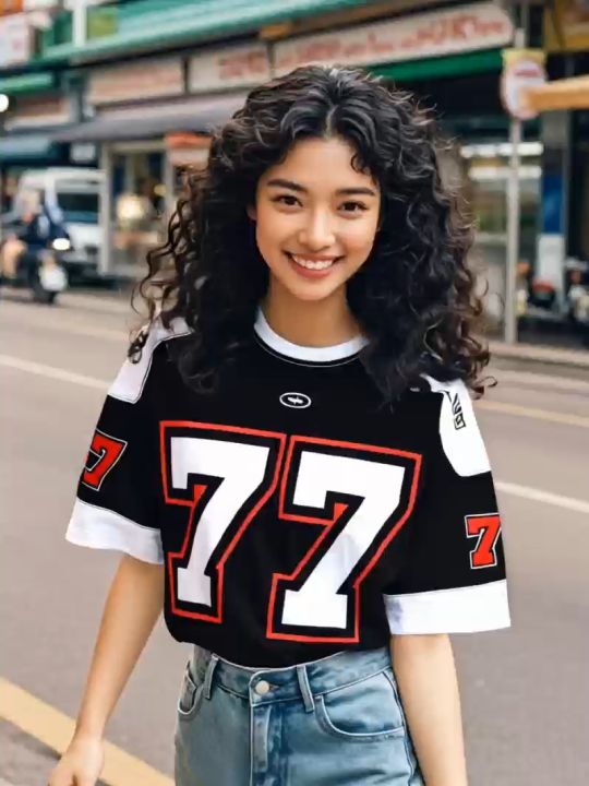 【Oufisun】American Style Ball Uniform Women T-Shirts Oversized Short-Sleeved Top Loose Shirt 77 ...