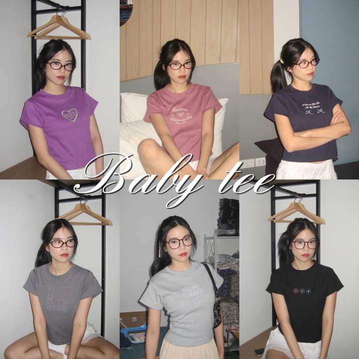 เสื้อ Baby tee ผ้าร่อง ยืดได้เยอะ สีน่ารักมาก | Lazada.co.th