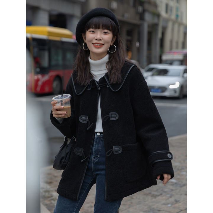 เสื้อโค้ทขนแกะยี่ห้อ Qianjie เสื้อโค้ทกระดุมเขาวัวคอบัวสำหรับคนตัวเล็ก ...