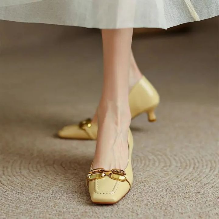 Women square toe soft leather high heels 3.5cm cat heel work office ...