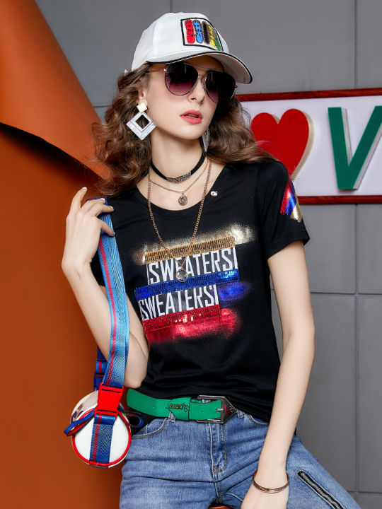 Di Naiwei ผู้หญิง สลิมฟิต แขนสั้น สีดำ เสื้อยืด 2024 ฤดูร้อน แฟชั่น ...